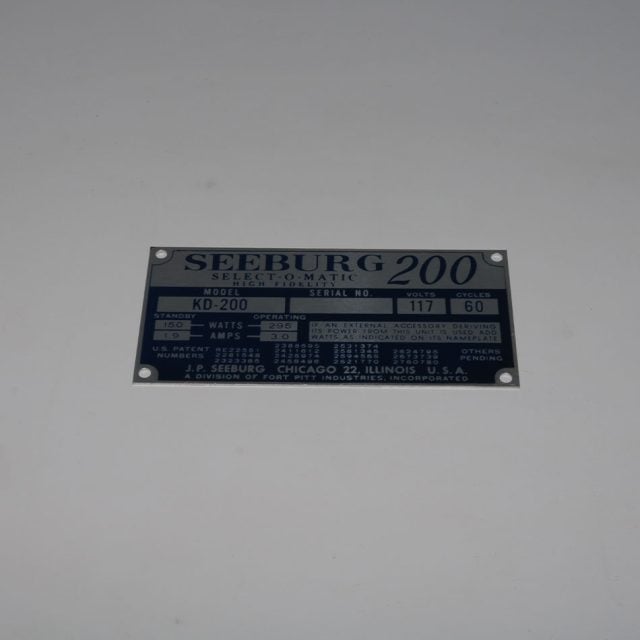 Seeburg KD200 Cabinet Metal ID Serial Number Plate - Victory Glass