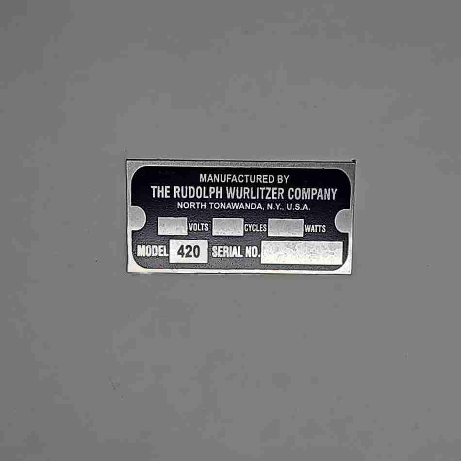 Wurlitzer 420 Speaker ID Plate - Victory Glass